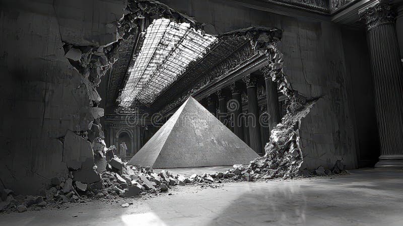 Indoor View of Shattered Walls Exposing a Pyramid Structure Stock Photo ...
