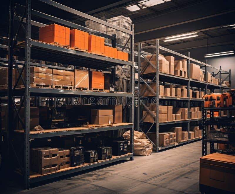 An Indoor Warehouse with Parcels and Merchandise on the Rack, Light ...