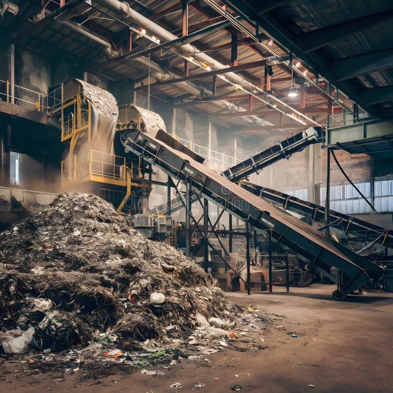 Indoor Waste Processing Plant with Conveyor System, Mixed Waste Pile ...