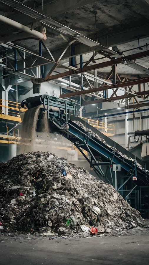 Indoor Waste Processing Plant with Conveyor System, Mixed Waste Pile ...