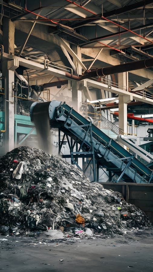 Indoor Waste Processing Plant with Conveyor System, Mixed Waste Pile ...