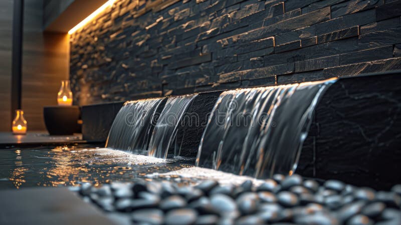 Indoor Waterfall Feature with Ambient Lighting. Stock Image - Image of ...