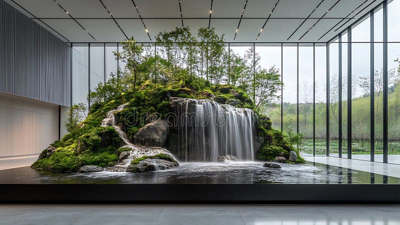 Indoor Waterfall Feature with Cascading Water Over Rocks in a Modern ...