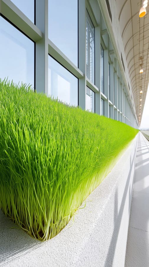 Indoor Wheatgrass Growing in Sunlit Modern Greenhouse Corridor with ...