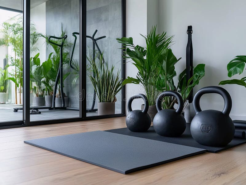 Minimalist Home Gym with Weights, Exercise Mat, and Potted Green Plants ...