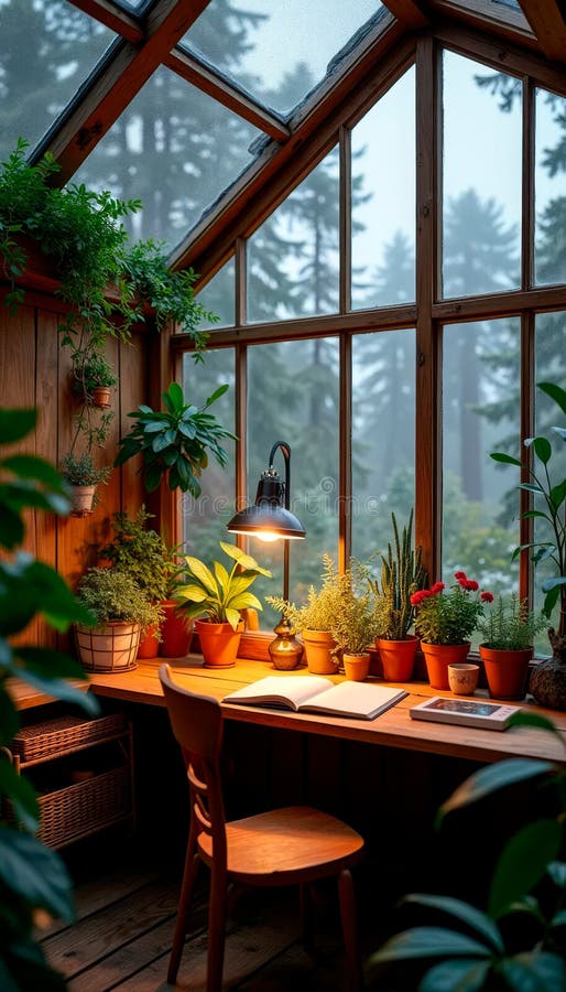 Indoor Workspace Surrounded by Lush Potted Plants, Featuring a Rustic Wooden Table, Books, and a ...
