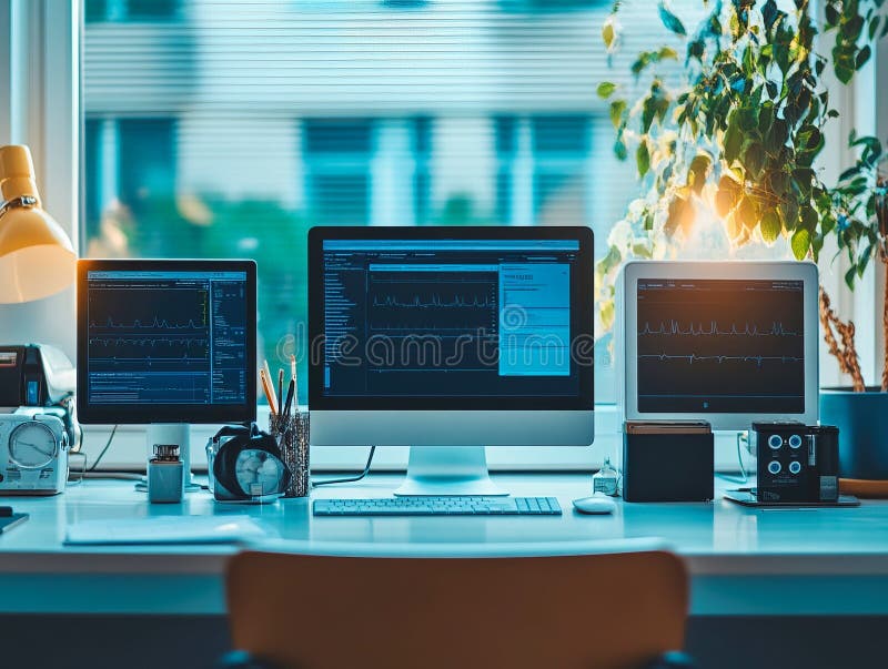 Indoor Workspace with Three Computer Monitors Displaying Financial Data ...