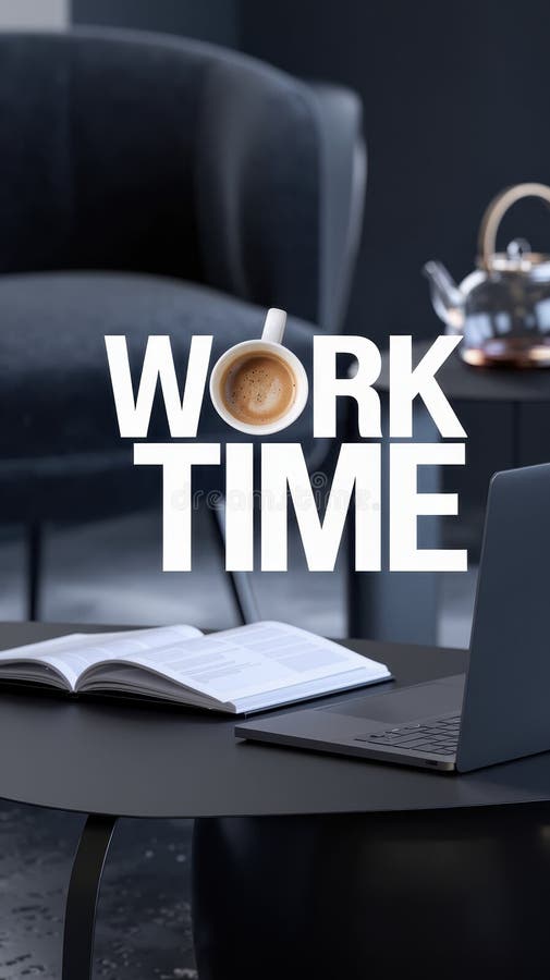Indoor Workspace with "WORK TIME" Text, Coffee Cup, and Laptop Stock ...