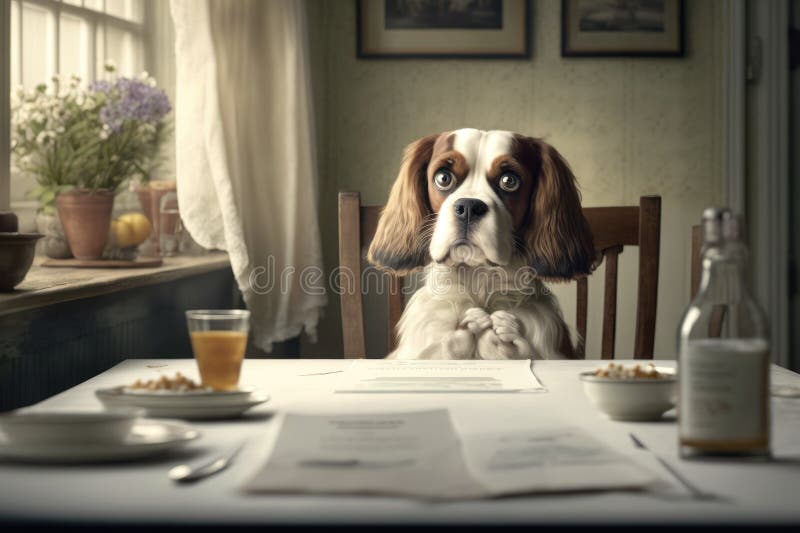 Indoors, a Cute and Funny Dog is Seated at a Dining Table Stock ...