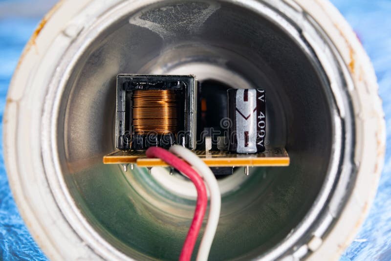 Inductor, Condenser and Microcircuit Inside the LED Lamp Stock Image ...
