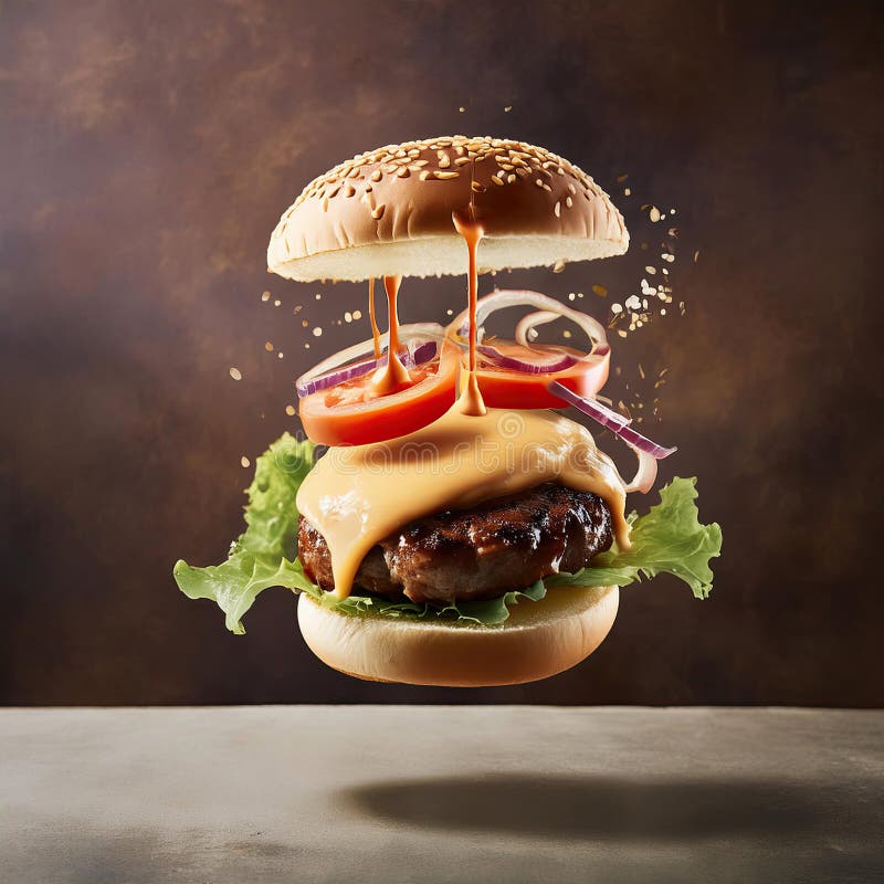 Burger with Flying Elements in the Colorful Background Stock Image ...