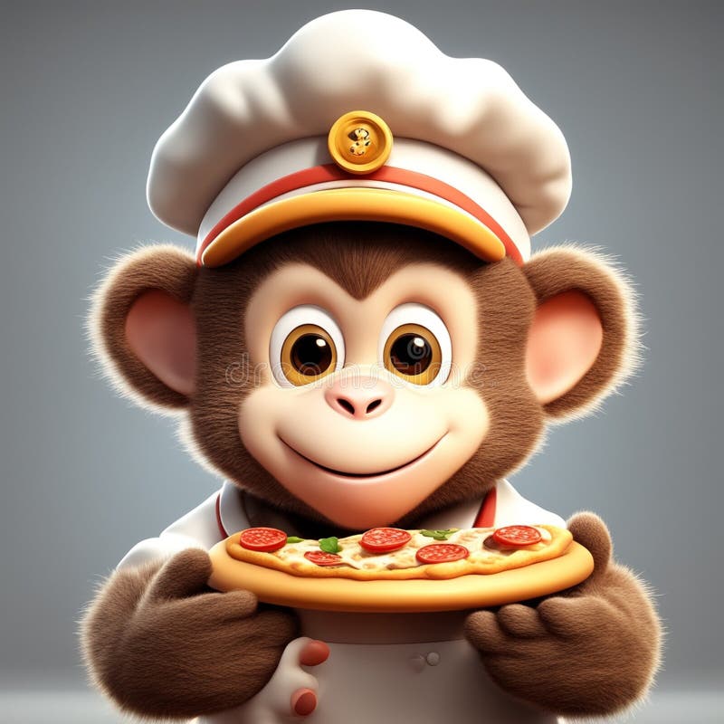 Cute Monkey Chef Eating Pizza Cartoon Stock Illustration - Illustration ...