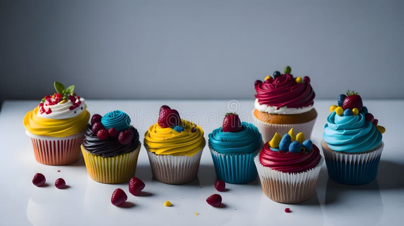 Colorful Cupcakes with Frosting Cream Buttercream and Fruit on a ...