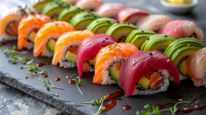 Indulge in the Modern Elegance of Rainbow Rolls, Featuring a Colorful ...