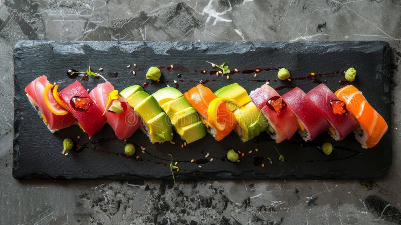 Indulge in the Modern Elegance of Rainbow Rolls, Featuring a Colorful ...