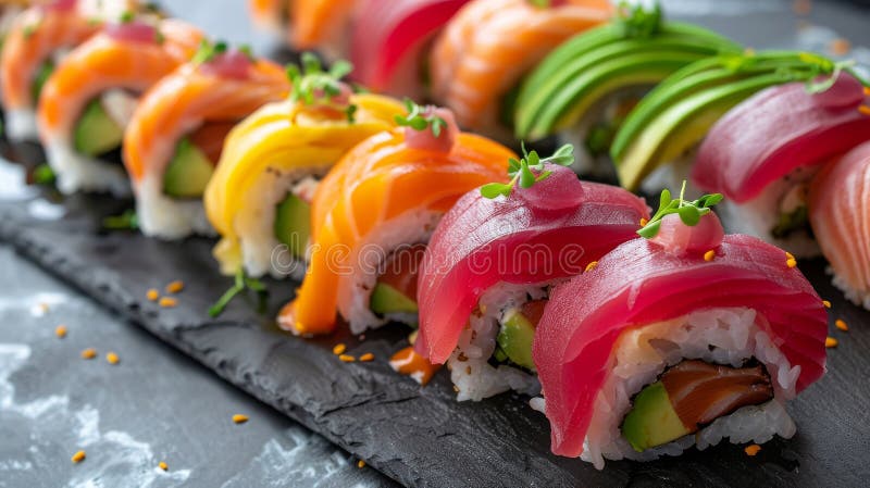 Indulge in the Modern Elegance of Rainbow Rolls, Featuring a Colorful ...