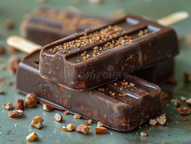 Stacked Chocolate Popsicles with Nuts on a Rustic Background Stock ...