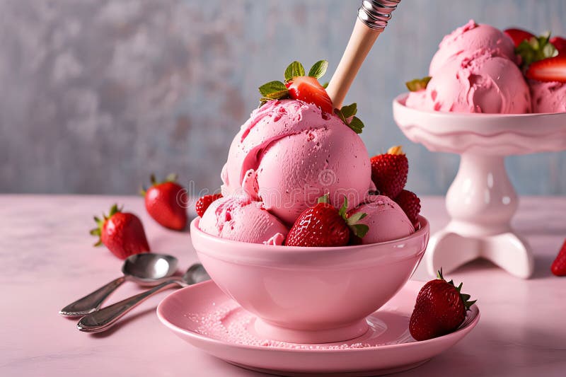 Delightful Pink Raspberry Ice Cream in Elegant Silver Bowl_Tempting ...