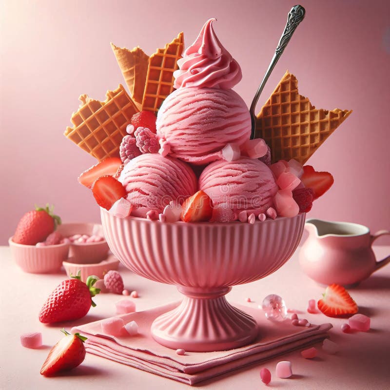 Delightful Pink Raspberry Ice Cream in Elegant Silver Bowl_Tempting ...