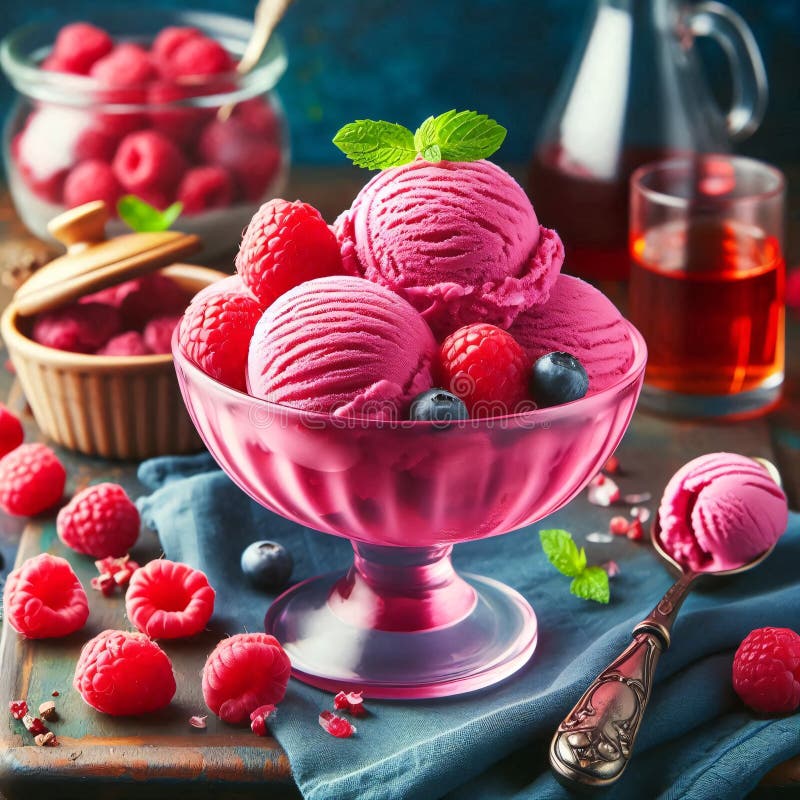 Delightful Pink Raspberry Ice Cream in Elegant Silver Bowl – Tempting ...