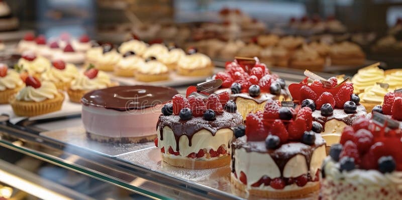 Showcase of a Pastry Shop with Different Cakes Stock Illustration ...