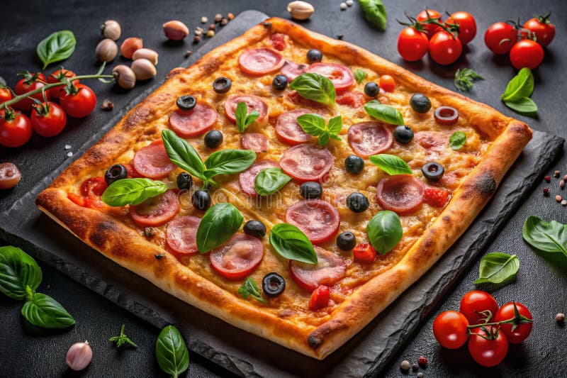 Aromatic Square Pizza with Ham Cheese and Olives a Photogenic TopDown ...