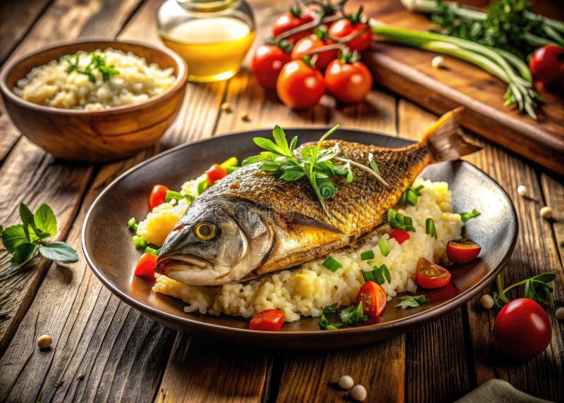 Stunning Panoramic Grilled Fish Risotto a Culinary Masterpiece Captured ...