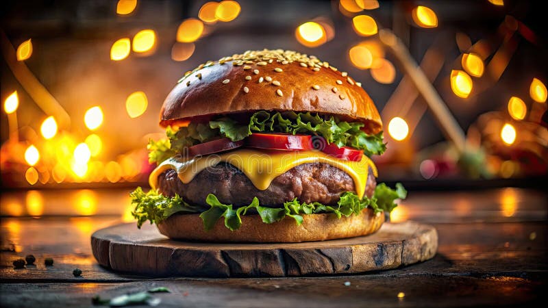 A Juicy Cheeseburger Under a Warm LowLight Glow a Deliciously ...