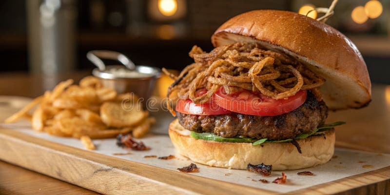 A Deliciously Tilted Burger Crispy Onions Juicy Tomato and Savory Beef ...