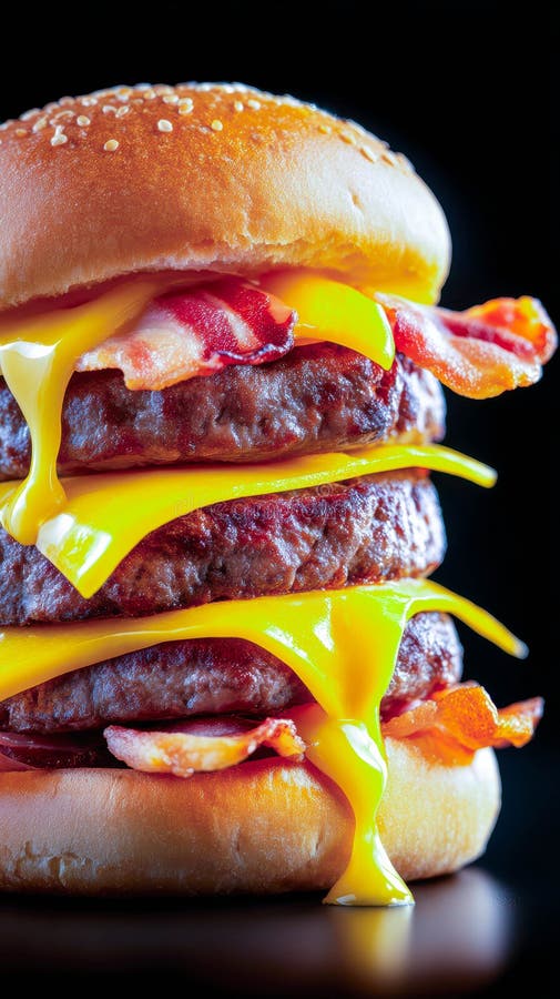 Indulgent Burger Tower with Melted Cheese and Crispy Bacon on Dramatic ...