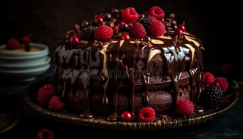 Indulgent Chocolate Raspberry Dessert on Rustic Wooden Table Generated ...