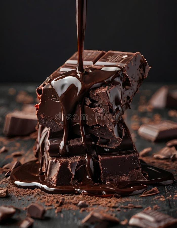 Dark Chocolate Chunks Dripping with Rich, Melted Chocolate Stock Image ...