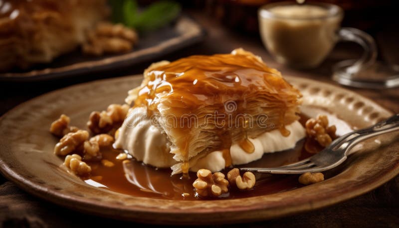 Indulgent Dessert Plate with Baked Fruit and Cream Generated by AI ...