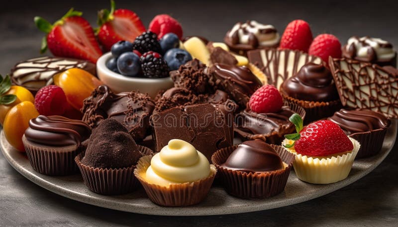 Indulgent Gourmet Desserts Chocolate, Berry, and Cream Generated by AI ...