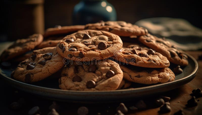 Indulgent Homemade Chocolate Chip Cookies on Rustic Table Generated by ...