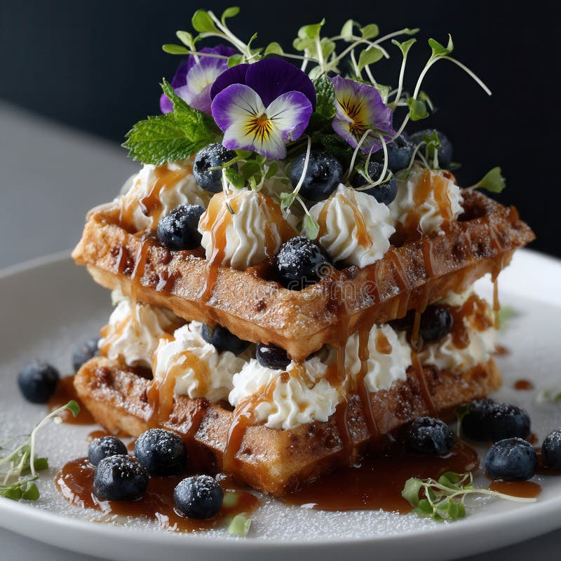 Indulgent Stack of Waffles with Caramel Drizzle and Vibrant Floral ...