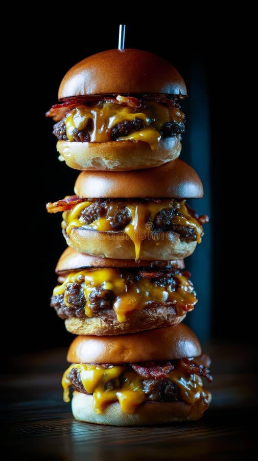 Indulgent Tower of Stacked Burgers Dripping with Cheese and Crispy ...