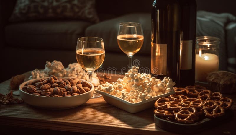Indulgent Wine and Gourmet Snacks on Rustic Table Generated by AI Stock ...
