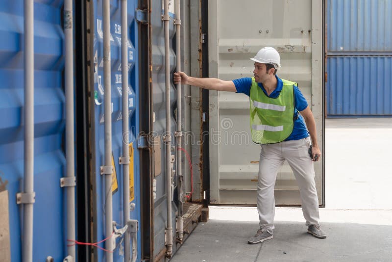 Industrail Background of Caucasian Containers Yard and Cargo Inspector ...