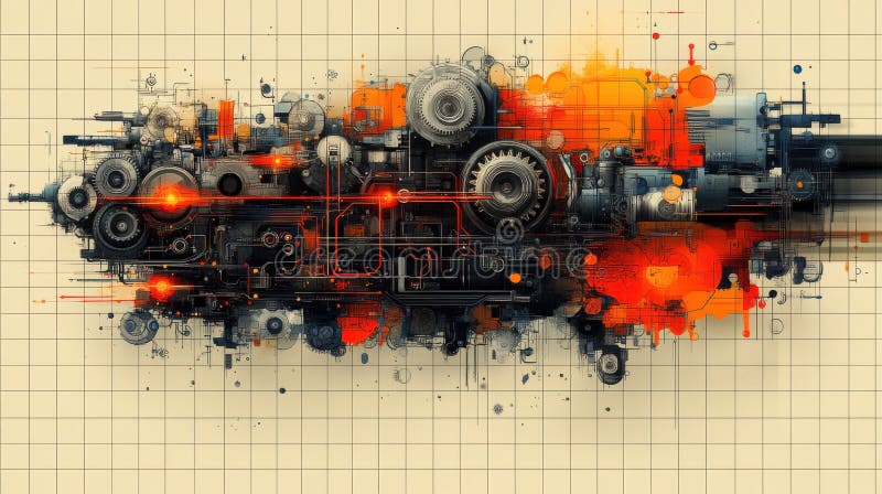 Industrial Abstract Artwork with Gears and Mechanical Components on a ...