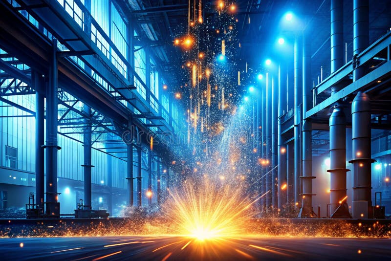 Industrial Abstract Blue Background with Fire Particles Stock ...