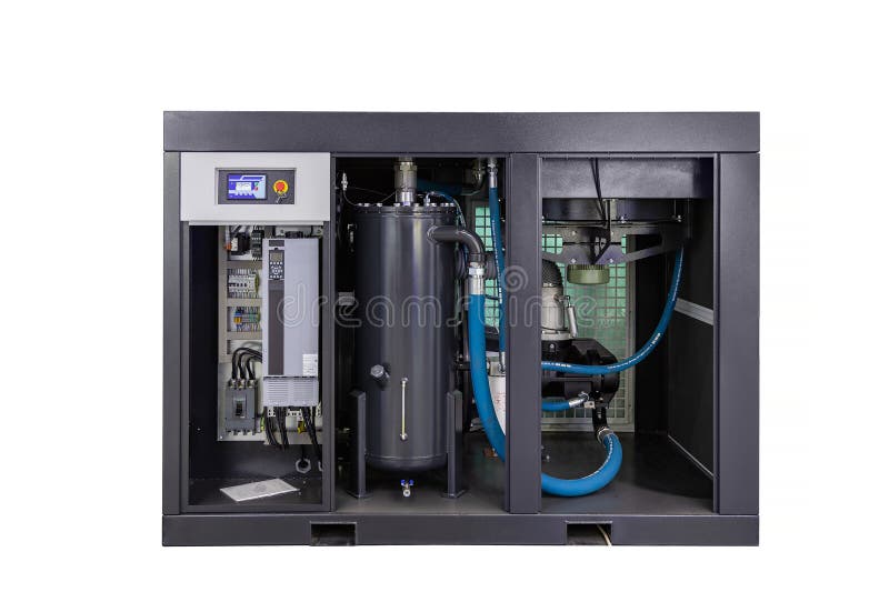 Industrial Air Compressor Showing Internal Components and Control Panel ...