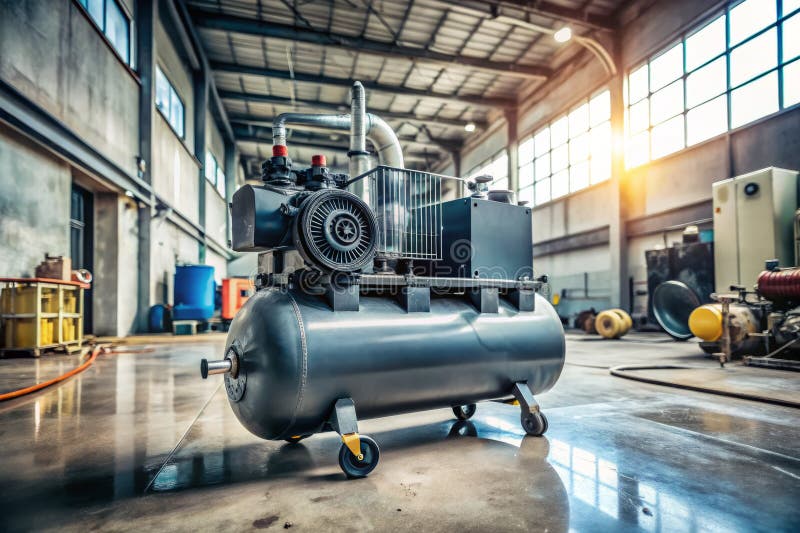 Industrial Air Compressor Unit in a Busy Workshop Setting HeavyDuty ...