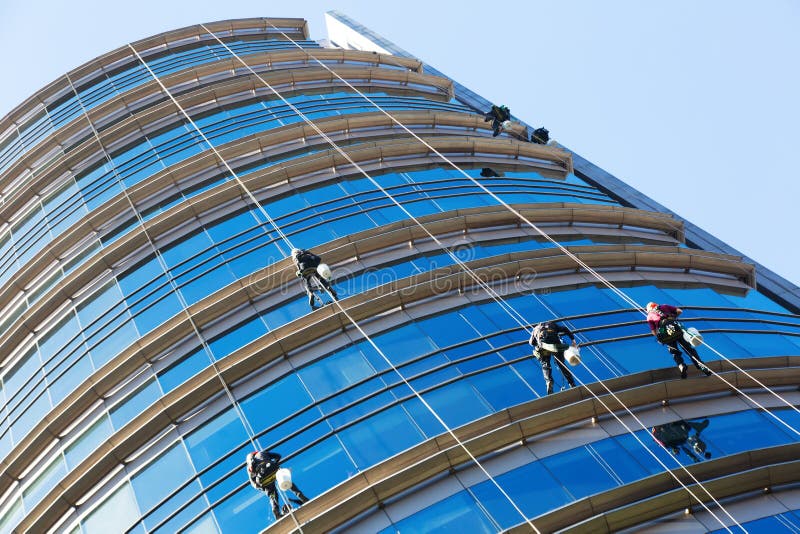Industrial Alpinists Cleaning Skyscraper Stock Photo - Image of service ...