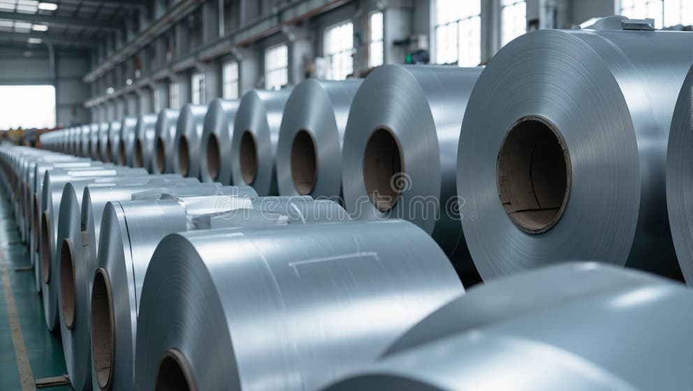 Industrial Aluminum Coils in Warehouse Reflecting Cool Lighting Brushed ...