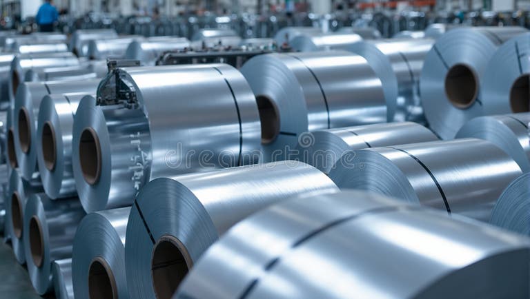 Industrial Aluminum Coils in Warehouse Reflecting Cool Lighting Brushed ...