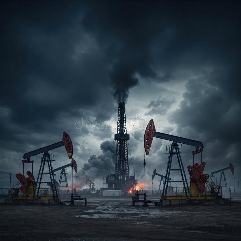 An Industrial Area with Drilling Rigs and Air Pollution. Stock Image ...