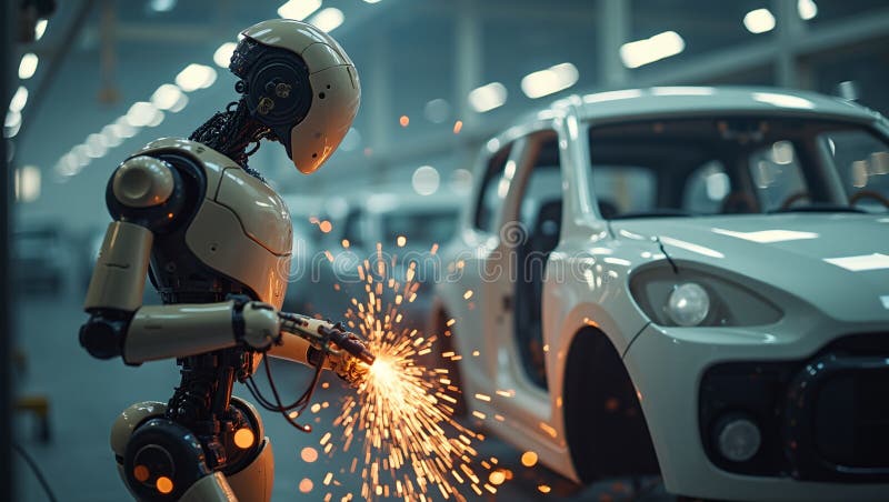 Industrial Assembly Robot Welding Car Parts on Assembly Line Stock ...