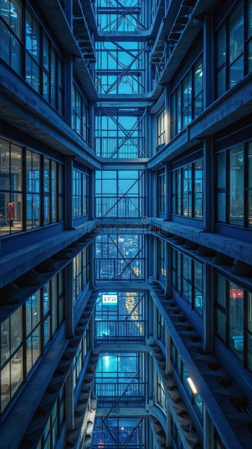 Industrial Atrium with Steel Structures and Urban Cityscape View at ...
