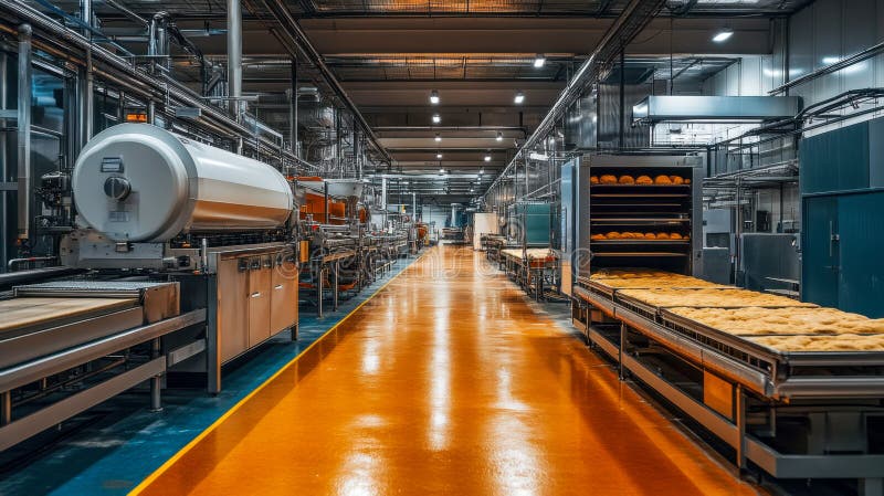 Industrial Bakery Interior with Freshly Baked Bread on Conveyor Belts ...